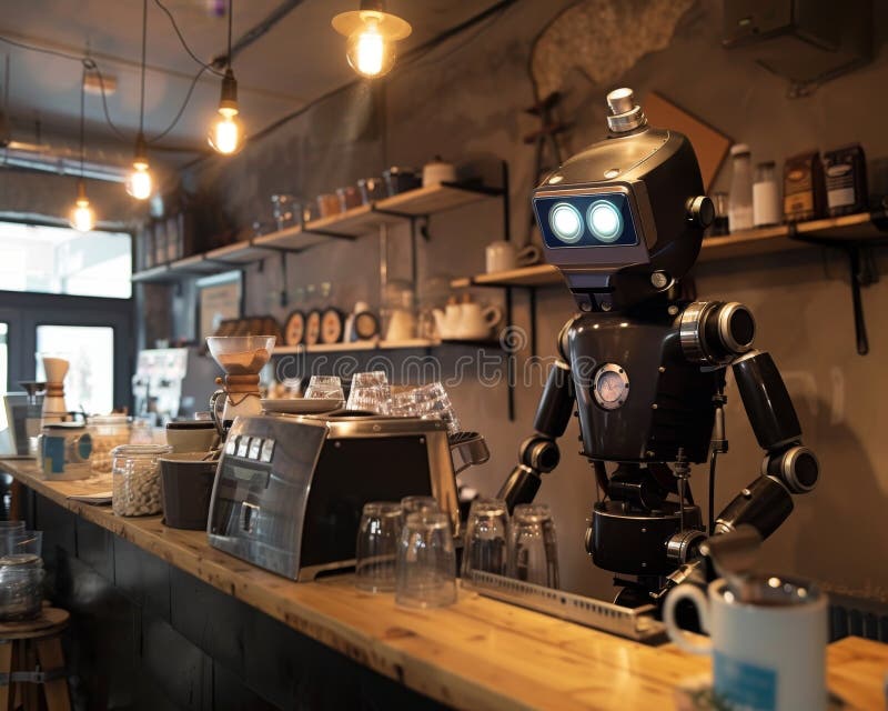 A Giant Robot Brewing Coffee in a Hipster Cafe Stock Illustration ...