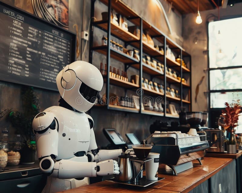 A Giant Robot Brewing Coffee in a Hipster Cafe Stock Illustration ...