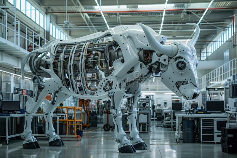 A Giant Robot Buffalo Being Assembled in a Bright, White High-tech Lab ...