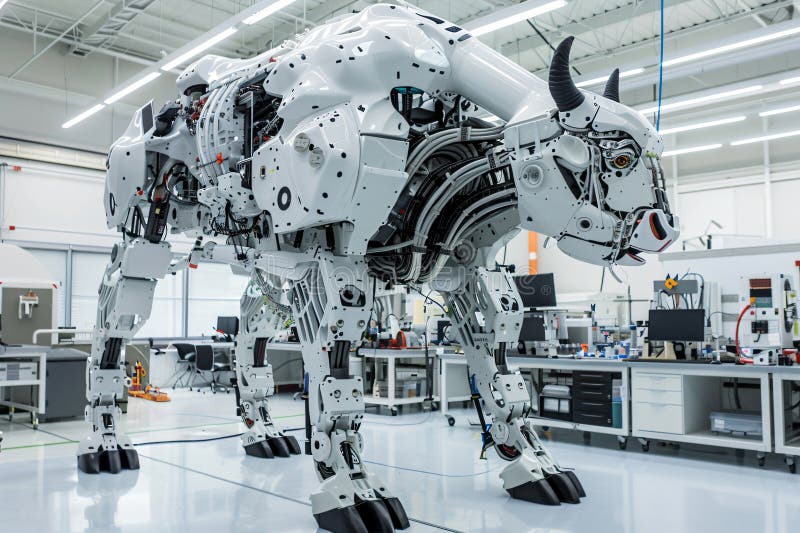 A Giant Robot Buffalo Being Assembled in a Bright, White High-tech Lab ...