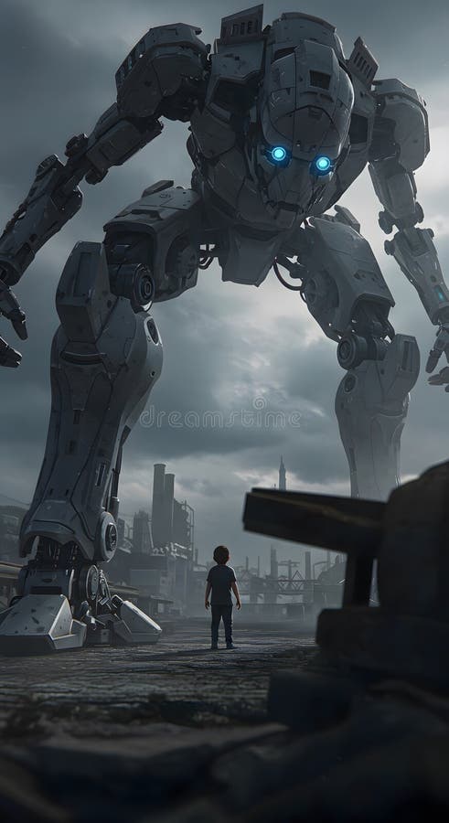Giant Robot Confronting a Child in a Post-Apocalyptic Industrial ...