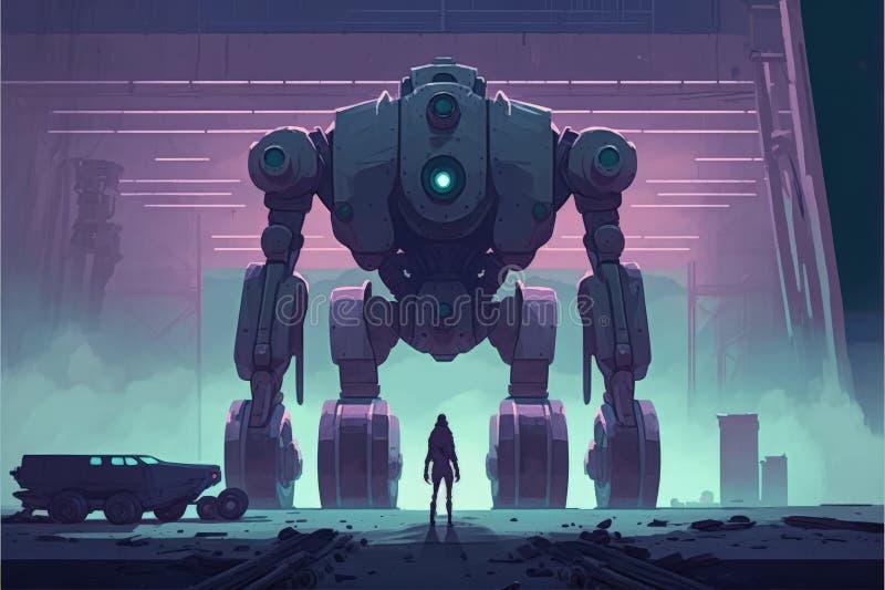 Giant Robot in Decrepit Factory in Sci-fi Setting Stock Illustration ...