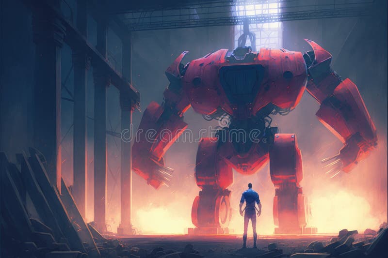Giant Robot in Decrepit Factory in Sci-fi Setting Stock Illustration ...