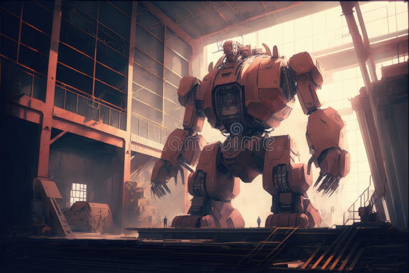 Giant Robot in Decrepit Factory in Sci-fi Setting Stock Illustration ...