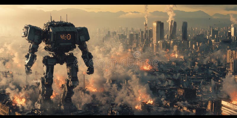 Giant Robot Destroyed City Epic SciFi Artwork Stock Illustration ...