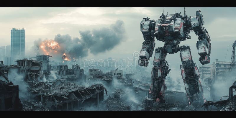 Giant Robot in Destroyed City PostApocalyptic SciFi Artwork Stock ...