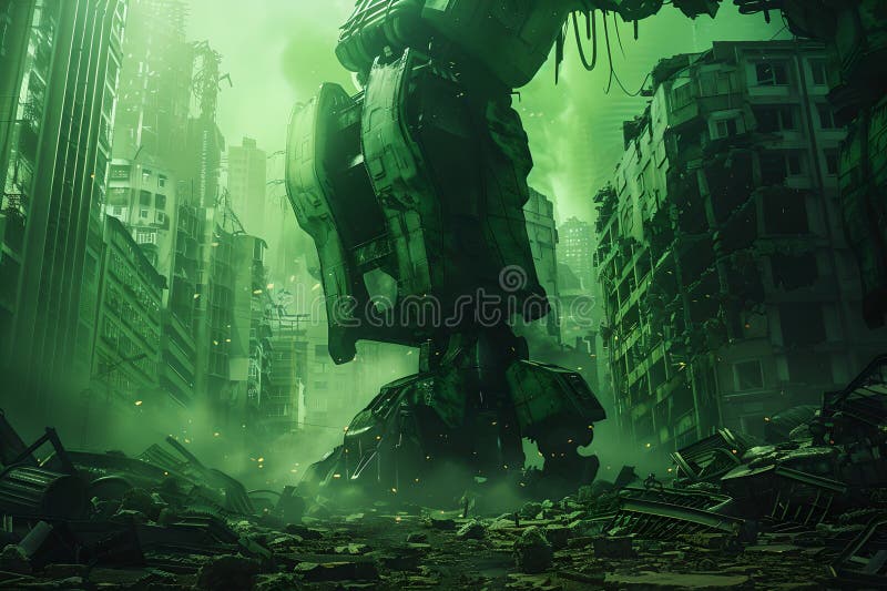Giant Robot In A Dystopian Cityscape Green Hues Dominate Futuristic Post Apocalyptic Style