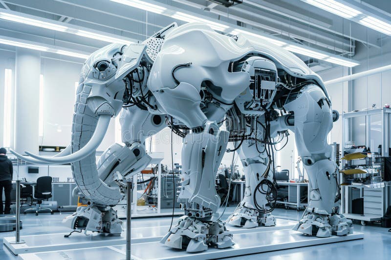 A Giant Robot Elephant Being Assembled in a Bright, White High-tech Lab ...