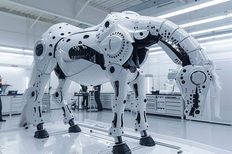 A Giant Robot Horse Being Assembled in a Bright, White High-tech Lab ...