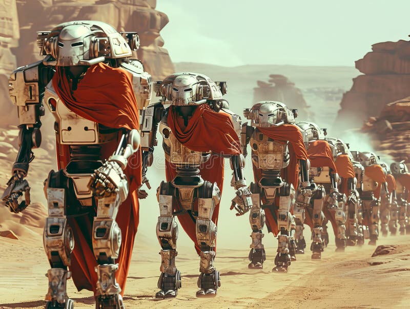 A Giant Robot and a Steampunk Army March Side by Side Stock Photo ...