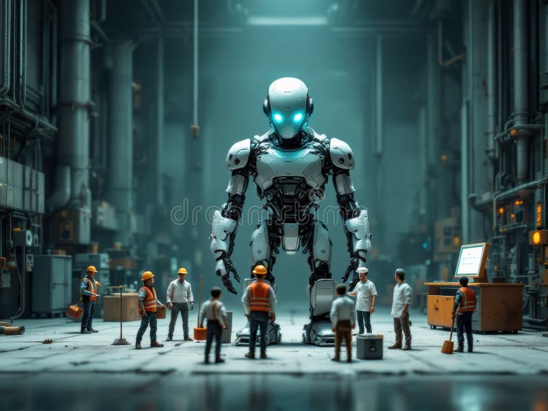 Giant Robot Towering Over Engineers and Workers in Industrial ...