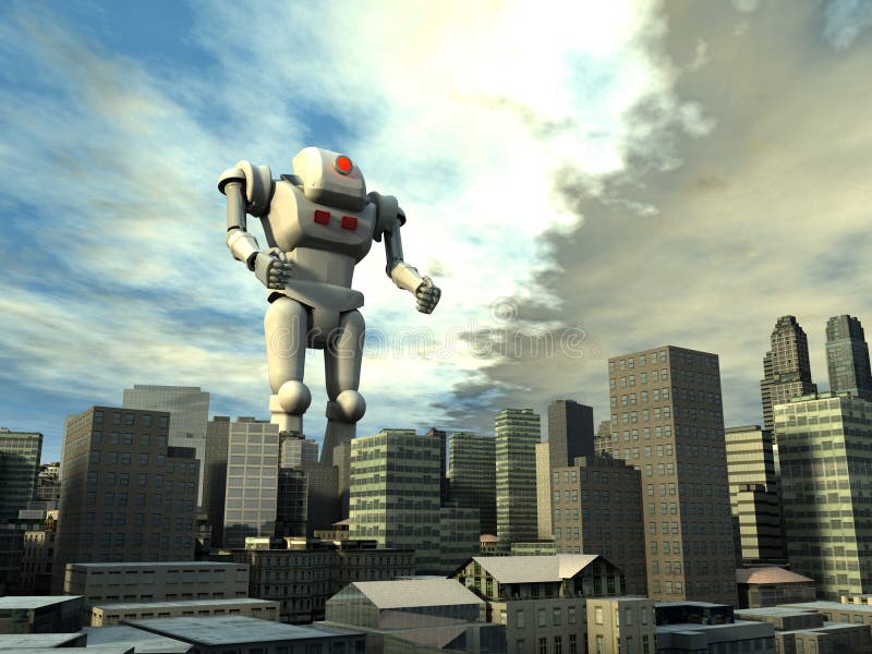 Giant Robot Walking between the Buildings of a City Stock Illustration ...