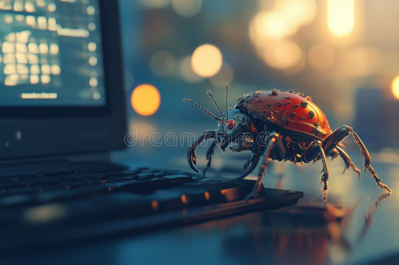 Giant Robotic Beetle Exploring a Laptop Keyboard in an Illuminated ...