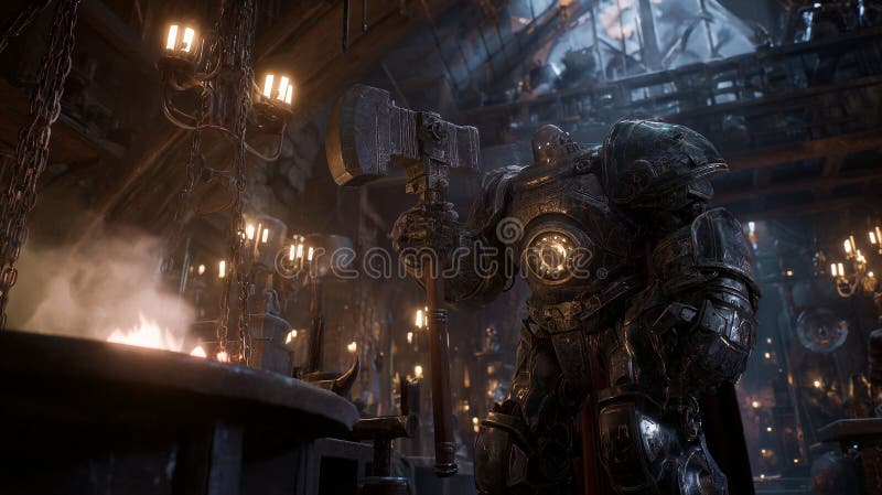 Giant Robotic Blacksmith in Steampunk Forge Stock Illustration - Illustration of hammer, forge ...