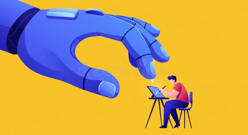 Giant Robotic Hand Over Illustrator Creating Digital Art on Tablet ...
