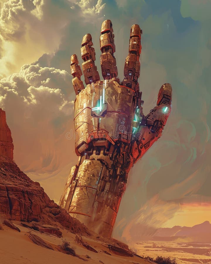 Giant Robotic Hand Rising from the Desert Stock Illustration ...