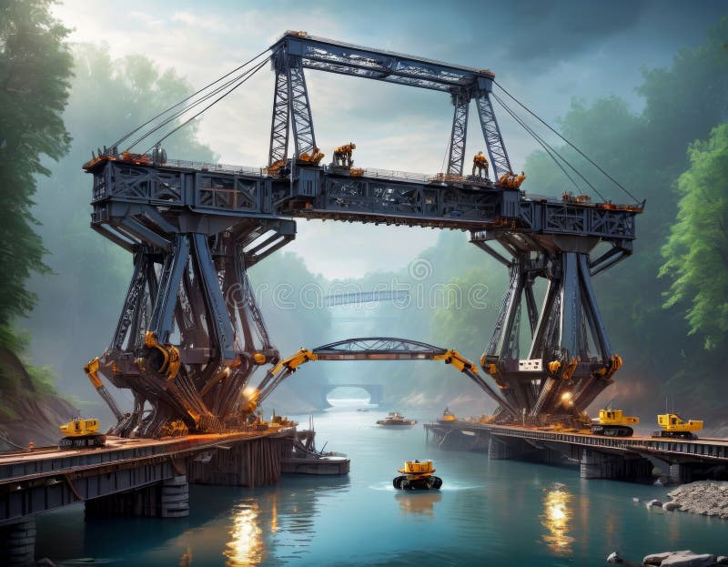 Giant Robots Constructing Bridge Stock Photo - Image of robotics ...
