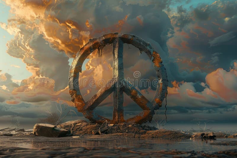Giant Rusty Peace Symbol Standing on Polluted Beach at Sunset with ...