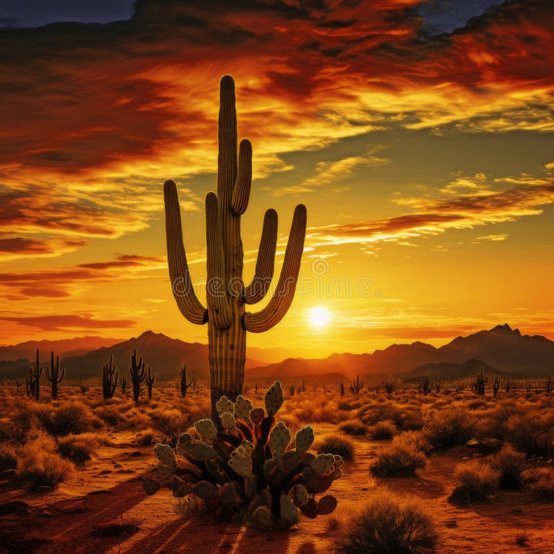 Giant Saguaro Cactus at Sunset in Desert Stock Illustration ...