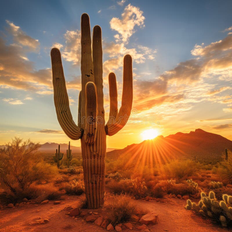 Giant Saguaro Cactus at Sunset in Desert Stock Illustration ...