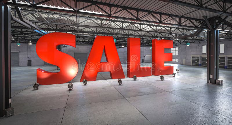 Giant Sale Sign in an Empty Warehouse Stock Illustration - Illustration ...