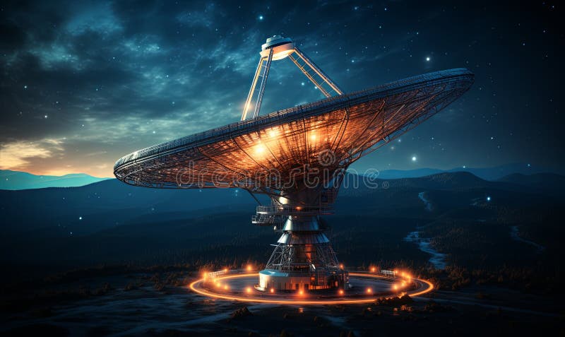 Giant Satellite Dish Illuminated in Night Sky Stock Photo - Image of ...