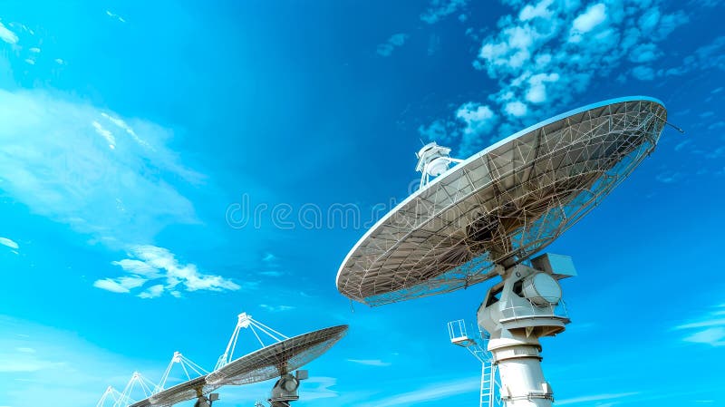 Giant Satellite Dishes Reaching for the Sky. Communication Network ...
