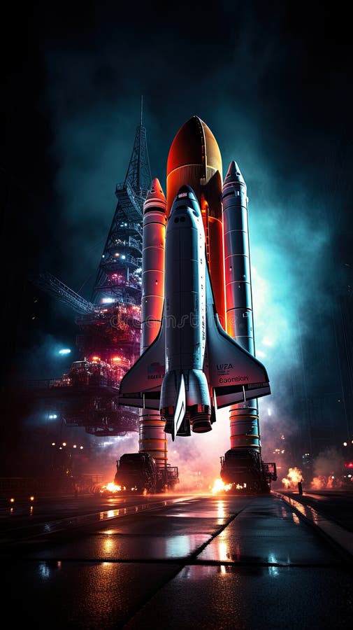 Giant Saturn Rocket with Space Shuttle on Blurry Background Stock ...