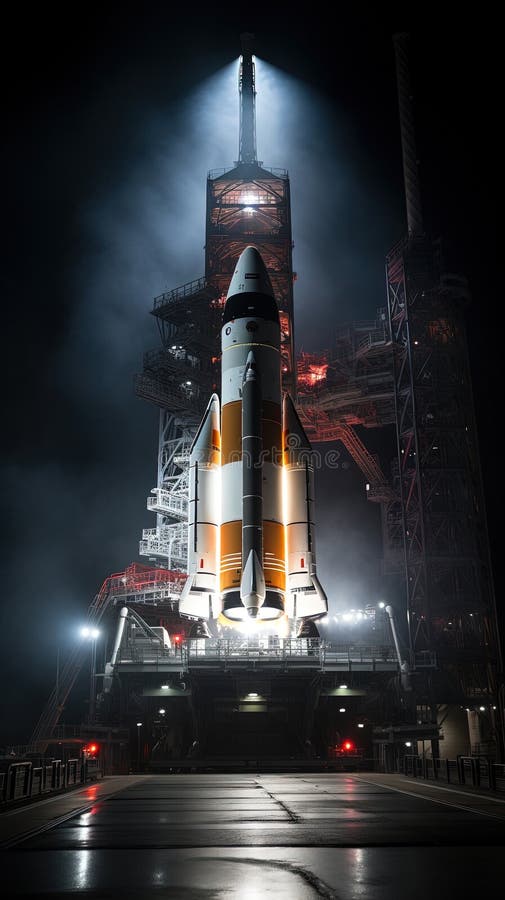 Giant Saturn Rocket with Space Shuttle on Blurry Background Stock ...