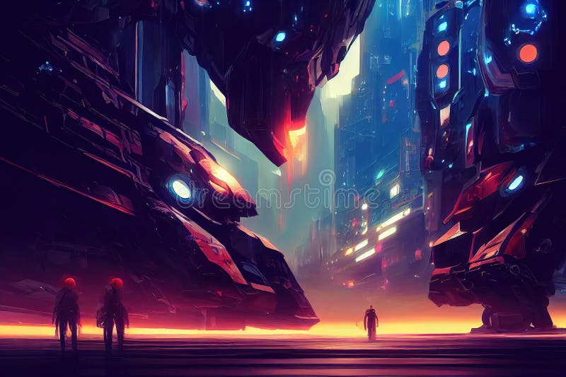 Giant Sci Fi Landscape Illustration with Robots, Ai Generated Image ...