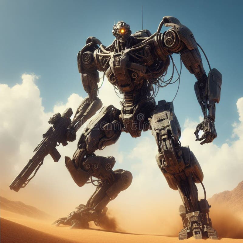 A Giant Sci Fi Robot Stands Proudly Against a Desert Backdrop 3 Stock ...