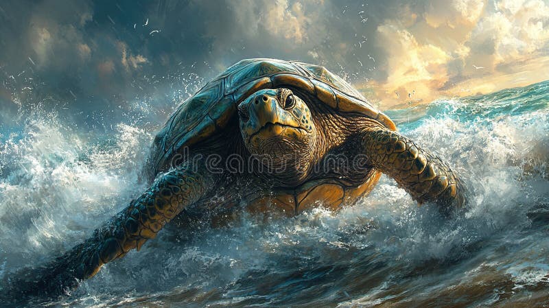 Giant Sea Turtle Swimming through Powerful Waves during a Dramatic ...