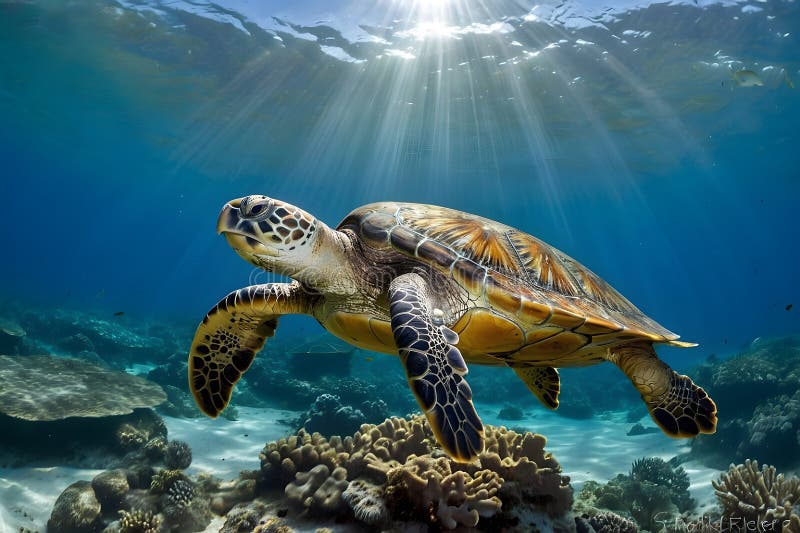 A Giant Sea Turtle Swimming Under the Ocean Stock Image - Image of reef ...