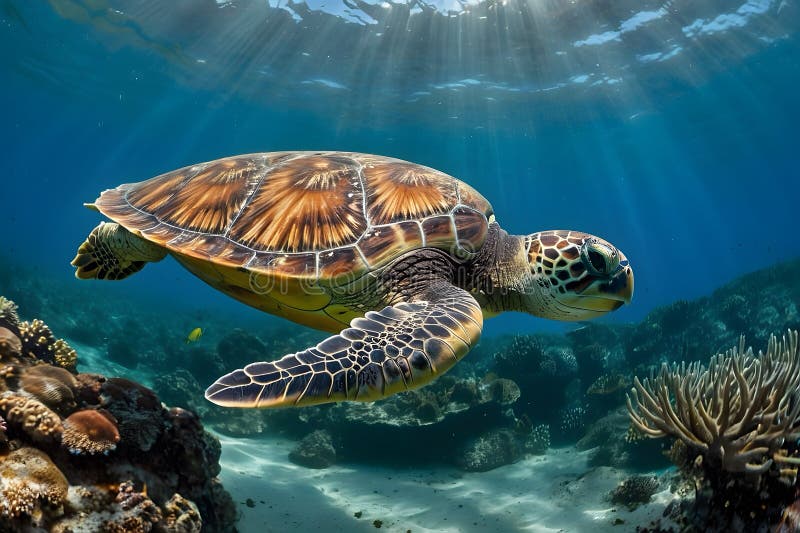 A Giant Sea Turtle Swimming Under the Ocean Stock Image - Image of fish ...