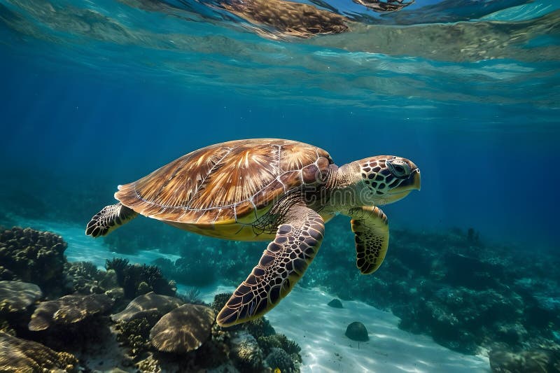 A Giant Sea Turtle Swimming Under the Ocean Stock Photo - Image of ...