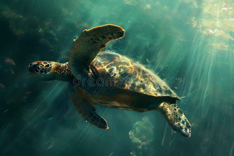 A Giant Sea Turtle Swimming Under the Ocean Stock Image - Image of ...