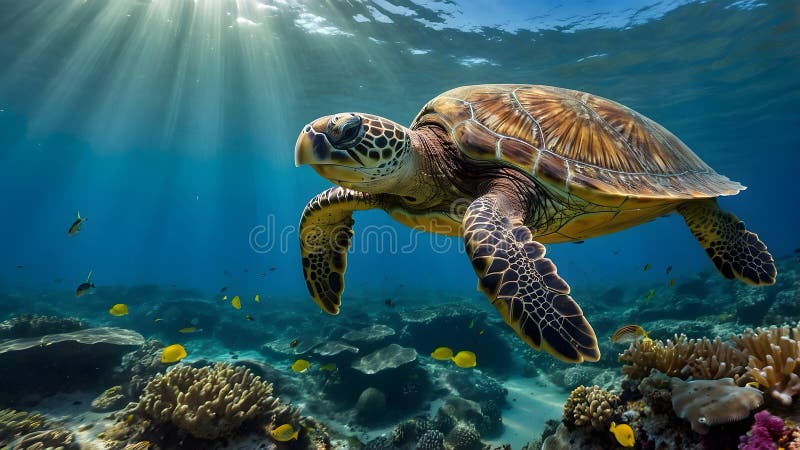 A Giant Sea Turtle Swimming Under the Ocean Stock Photo - Image of ...