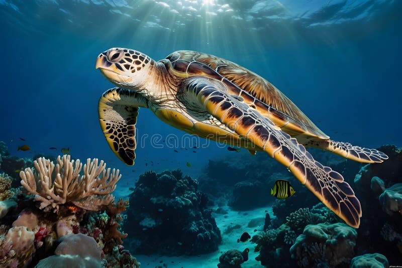 A Giant Sea Turtle Swimming Under the Ocean Stock Image - Image of ...