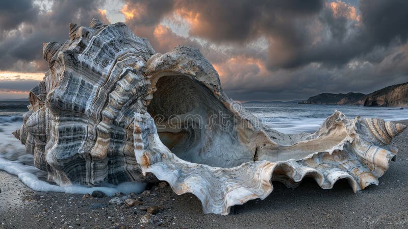 Giant Seashell on the Beach at Sunset a Detailed Close-Up View with a ...