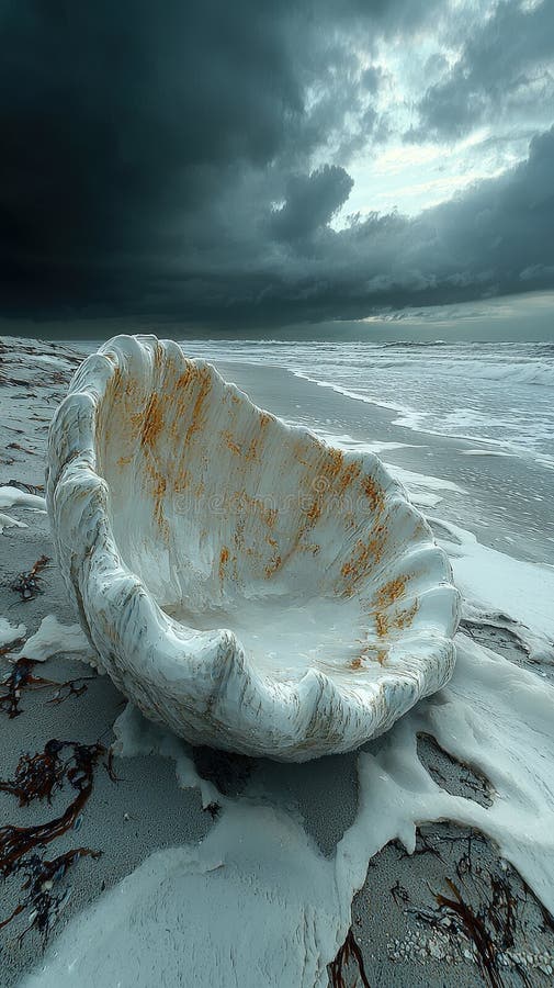 Giant Seashell on a Desolate Beach Under Stormy Skies Stock Image ...