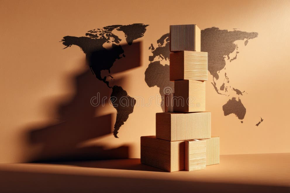 Giant Shadow of Package Stack Forms World Map in Creative Workspace Generative AI Stock Photo ...