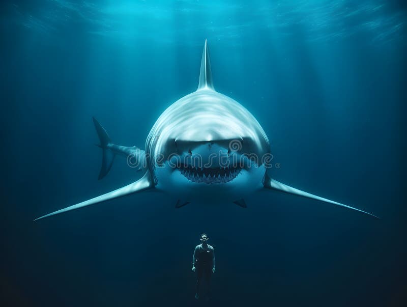 Giant Shark and Diver at Deep Ocean. Underwater Adventure Stock ...