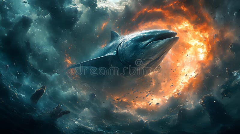 Giant Shark Emerges from Fiery Vortex in Stormy Ocean Stock ...