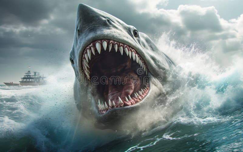 Giant Shark Attacking Boat. Created by Generative Artificial ...