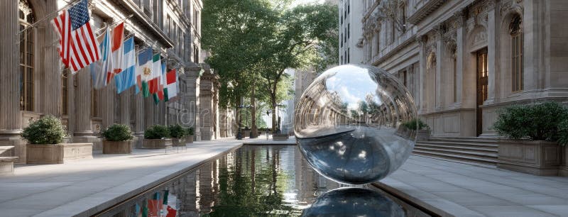 A Giant Silver Sphere Levitates Over Water in a Park, Reflecting the ...