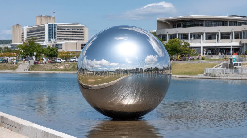 A Giant Silver Sphere Levitates Over Water in a Park, Reflecting the ...