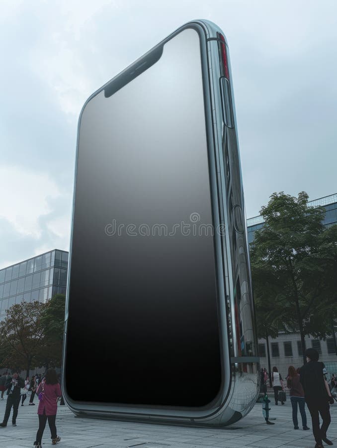 Giant Smartphone Installation Towering Over City Square with Blank ...