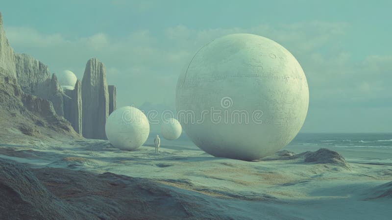 Giant Spherical Structures in a Barren Alien Landscape Stock Image ...