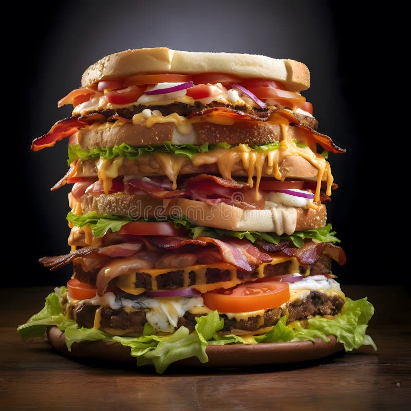 Stacked Sandwich with Fresh Vegetables, Ham, and Cheese Against Black ...