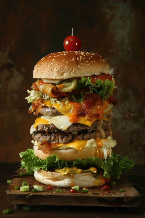 Giant Stacked Cheeseburger with Multiple Beef Patties, Bacon, and Fresh ...